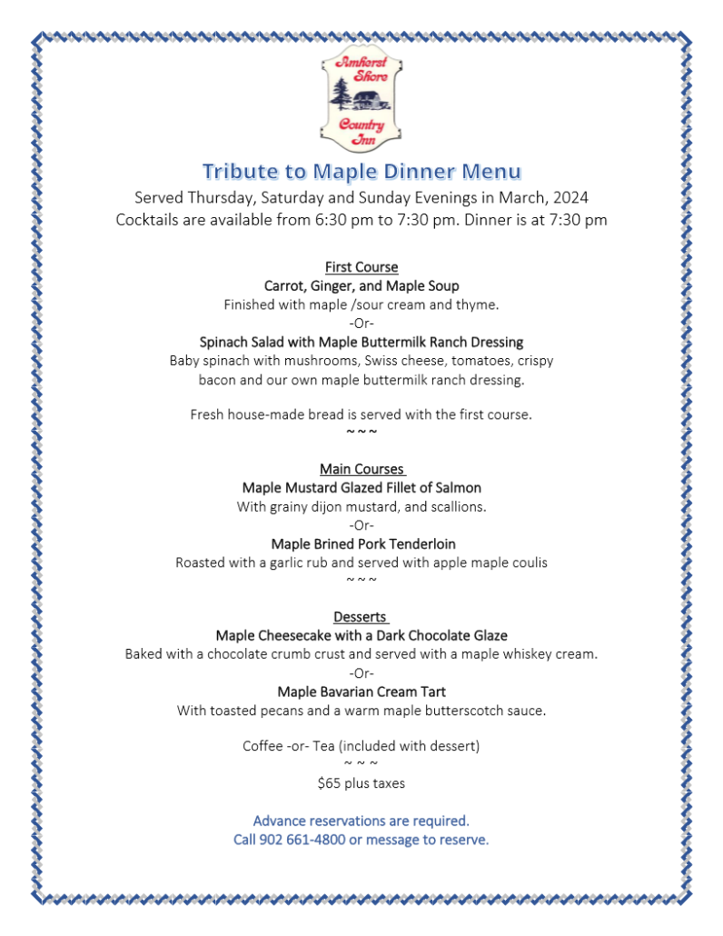 Maple Menu 2024 | Amherst Shore Country Inn - Official Site