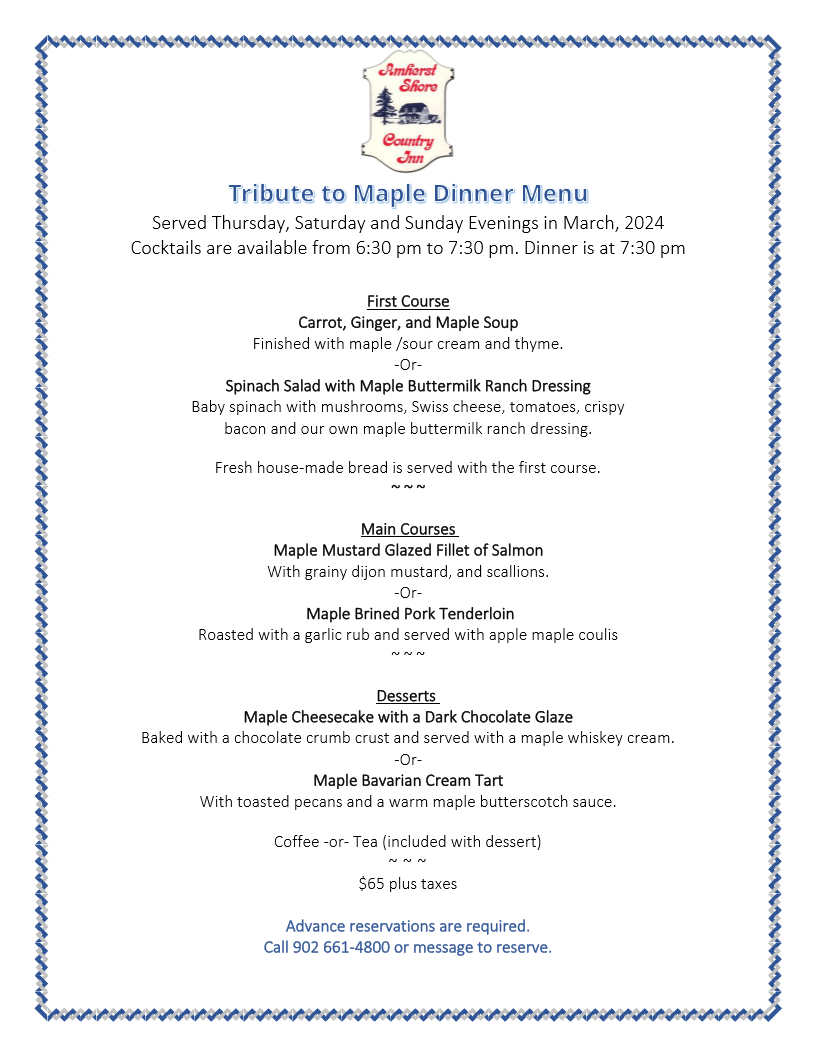Maple Menu 2024 | Amherst Shore Country Inn - Official Site